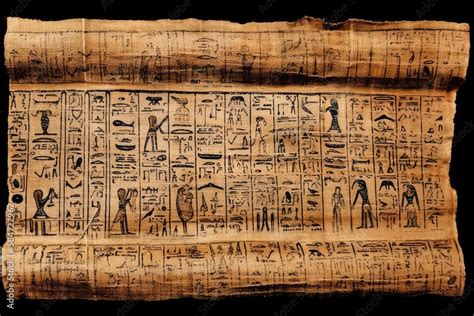 Ancient Egyptian Hieroglyphics On A Broad Textured Papyrus Scroll Isolated On White