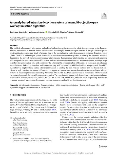 Anomaly Based Intrusion Detection System Using Multi Objective Grey Wolf Optimisation Algorithm