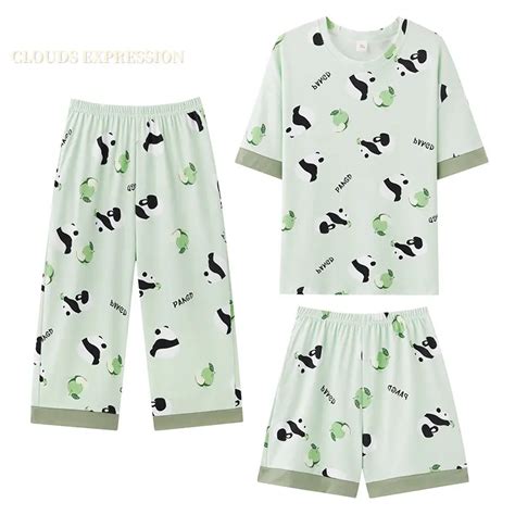 카와이 소녀 카프리 잠옷 세트 여성 잠옷 만화 잠옷 라운지웨어 홈웨어 3 개 세트 Aliexpress