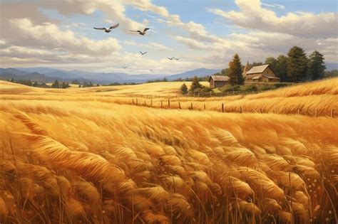 Premium Ai Image Painting Of A Field Of Wheat With A House In The