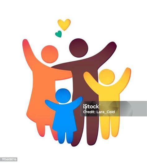 행복 한 가족 아이콘 간단한 그림에 여러 가지 빛깔된입니다 두 아이 아빠와 엄마가 함께 서 있다 벡터 로고 타입으로 사용할 수 있습니다 가족에 대한 스톡 벡터 아트 및 기타