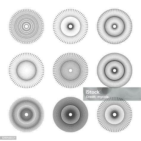 만화용 원형 형태의 방사형 하프톤 도트 세트 불꽃 놀이 폭발 배경입니다 로고 또는 아이콘으로 둥근 별빛 추상 기하학적 별 광선입니다 0명에 대한 스톡 벡터 아트 및 기타