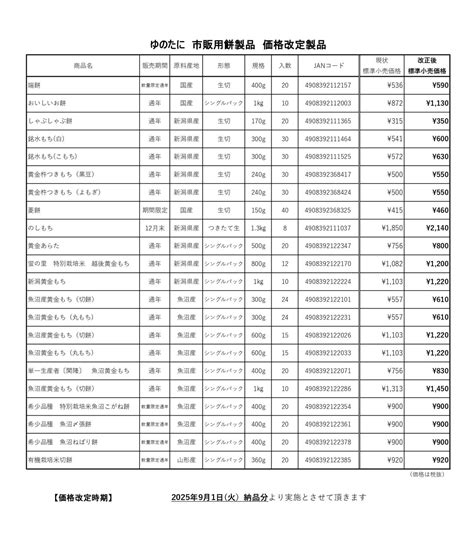 【餅商品 価格改定のお知らせ】 お知らせの一覧 株式会社ゆのたに