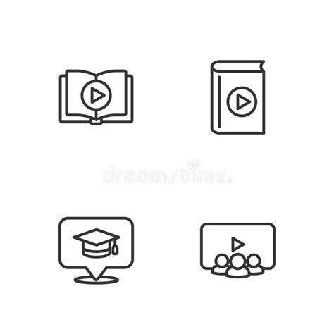 Set Line Online Class Graduation Cap Speech Bubble Audio Book And