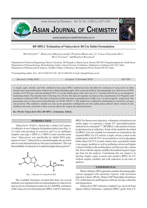 Pdf Rp Hplc Estimation Of Valacyclovir Hcl In Tablet Formulation