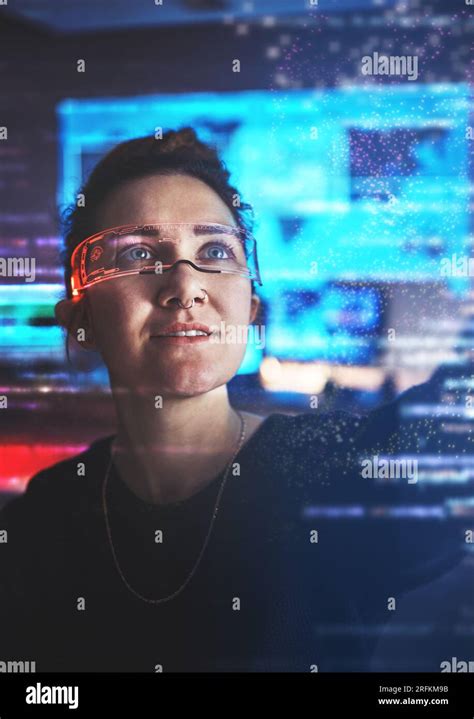 Woman Hacker Glasses And Cybersecurity Hologram Info And Vr Malware