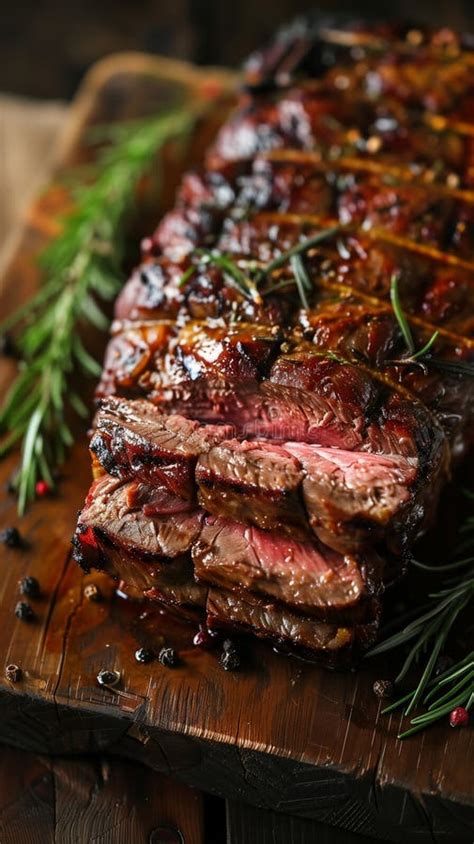 Juicy Sliced Dry Aged Roast Beef Lying On A Cutting Board With Rosemary