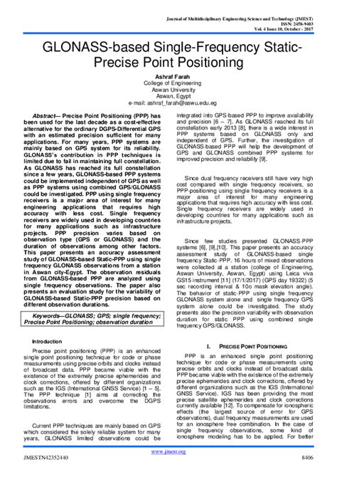 Pdf Glonass Based Single Frequency Static Precise Point Positioning