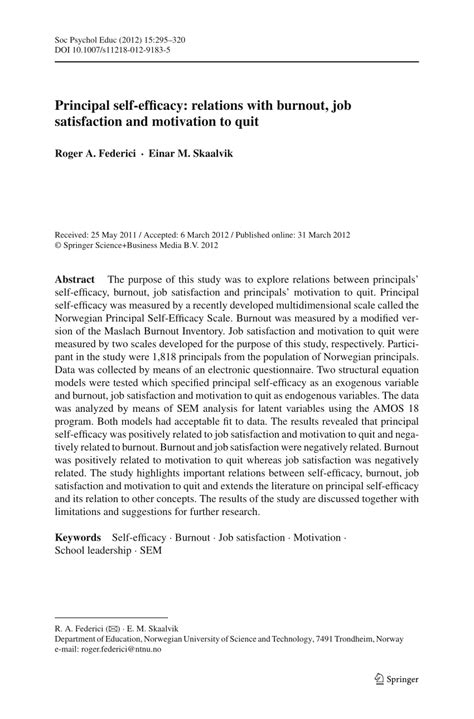 Pdf Principal Self Efficacy Relations With Burnout Job Satisfaction