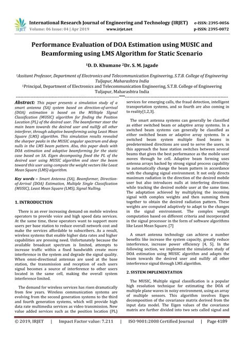 Irjet Performance Evaluation Of Doa Estimation Using Music And