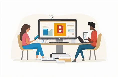 Two People Are Sitting At A Table With A Computer Monitor In Front Of Them Stock Illustration