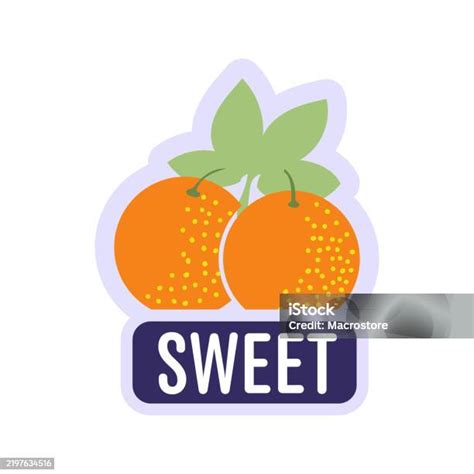 플랫 디자인의 달콤한 오렌지 과일 스티커 감귤류가 있는 제품 패키지 라벨 벡터 일러스트 레이 션이 고립되어 있습니다 0명에 대한