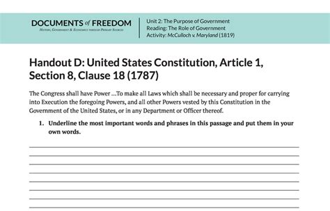 Handout D The United States Constitution Article I Section 8 Clause 18 Bill Of Rights