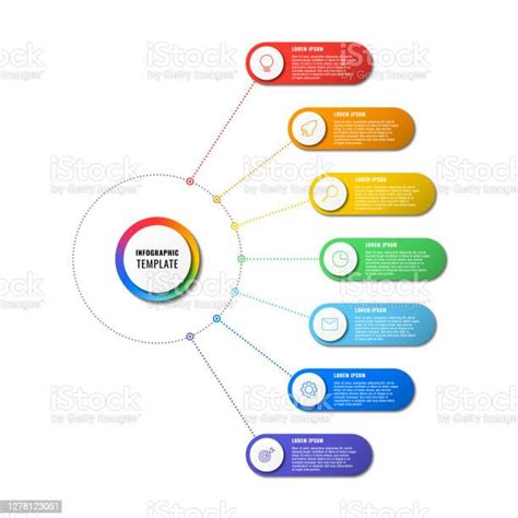 둥근 요소 얇은 선 아이콘 및 흰색 배경의 텍스트 상자가있는 7 단계 멀티 컬러 인포그래픽 템플릿 벡터 비즈니스 프로세스 시각적 일러스트는 쉽게 편집하고 사용자 정의 할 수