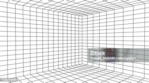 흰색 배경에 와이어 프레임 룸 벡터 원근 그리드입니다 디지털 공간이 있는 박스 바둑판에 대한 스톡 벡터 아트 및 기타 이미지 바둑판 3차원 형태 가정의 방 Istock