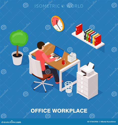 Colored 3d Isometric Office Workplace Vector Concept Illustration Work Table Composition Plus