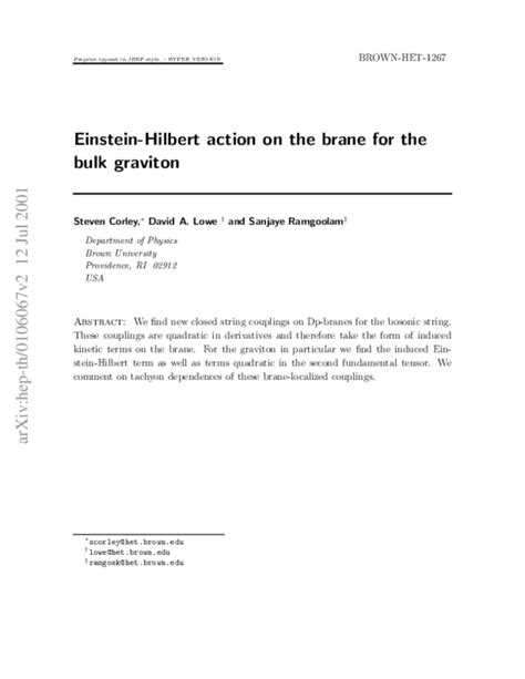 Pdf Einstein Hilbert Action On The Brane For The Bulk Graviton
