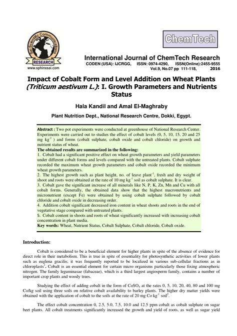 pdf impact of cobalt form and level addition on wheat plants triticum aestivum l i growth