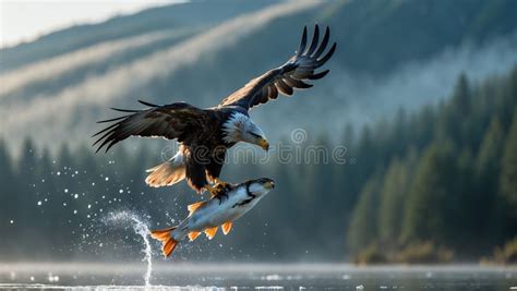 Majestic Bald Eagle Catching Salmon In Flight Stock Illustration