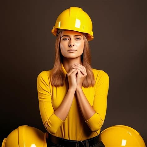 Premium Ai Image Beautiful Female Construction Worker Wearing A Yellow Hardhat
