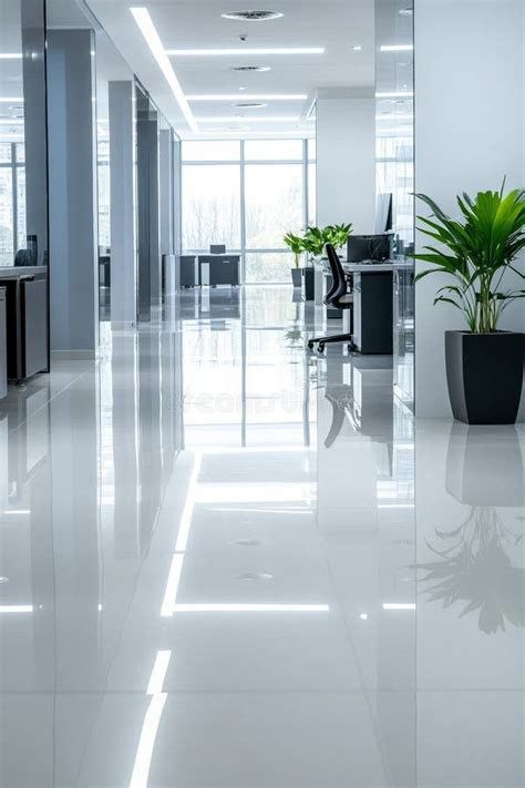 A Modern Bright Office Corridor With Sleek Reflective Floors