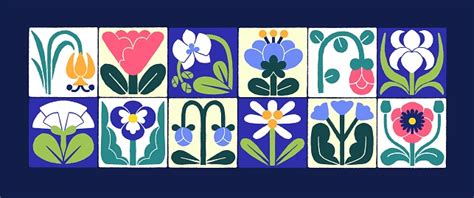 추상적인 꽃 아이콘의 트렌디 한 세트입니다 기발한 꽃 야생화가 있는 현대 카드 기하학적으로 피는 식물 식물과 함께 양식화 된 콜라주 창조적 인 식물 장식 Flat