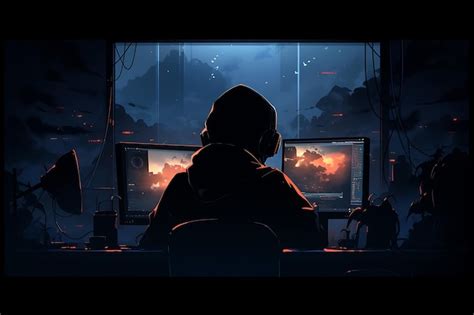 Premium Ai Image Hacker Sitting At The Computer Cyber Security And Antispyware Concept Ai