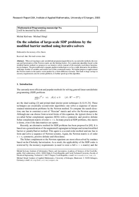 Pdf On The Solution Of Large Scale Sdp Problems By The Modified Barrier Method Using Iterative