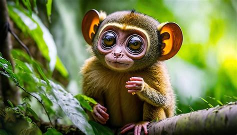 Premium Photo A Small Monkey With Big Eyes Sits In A Tree