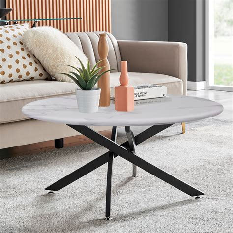 Novara Round Coffee Table Glass Marble Effect Top Black Legs