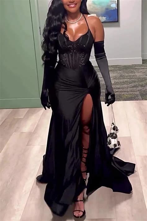 Wholesale Sexy Formal Solid Color Sequins Patchwork Backless Slit
