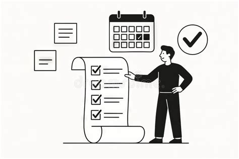 Minimalist Black And White Illustration Of Man Checking Off Completed Tasks On Long To Do List