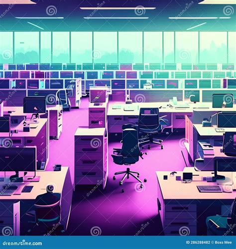 Modern Office Interior With Furniture And Computer Desks 3d Render Illustration Ai Generated