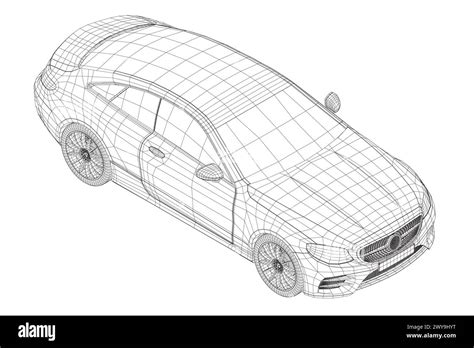 Wireframe Of A Two Door Modern Car Made Of Black Lines Isolated On A White Background Isometric
