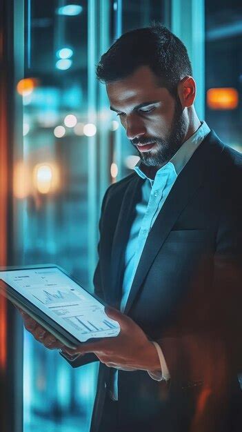 Businessman Analyzing Data On Tablet Premium Ai Generated Image