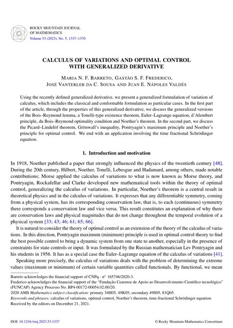 Pdf Calculus Of Variations And Optimal Control With Generalized