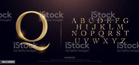 우아한 골드 컬러 메탈 크롬 대문자 알파벳 글꼴의 집합입니다 타이 포 그래피 골든 클래식 스타일 폰트 로고 포스터 초대장에 대 한 설정입니다 벡터 일러스트 레이 션 컴퓨터