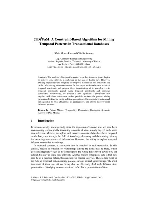 Pdf Td2pam A Constraint Based Algorithm For Mining Temporal Patterns In Transactional Databases
