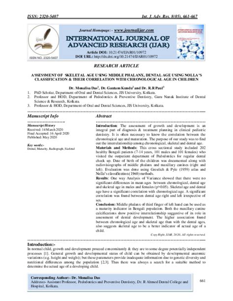 Pdf Assessment Of Skeletal Age Using Middle Phalanx Dental Age Using Nollas Classification