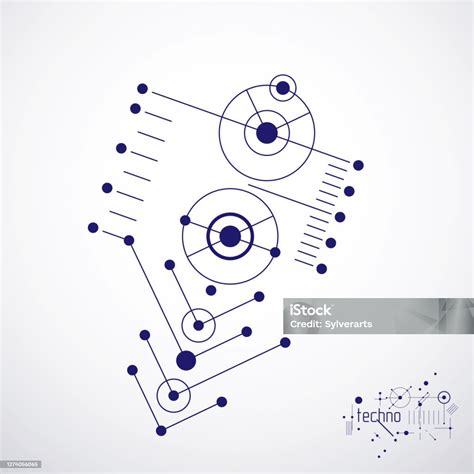 기계 식 구성표 원 및 메커니즘의 기하학적 부분으로 구성된 벡터 엔지니어링 도면 기술 계획은 웹 디자인과 배경 화면 또는 배경으로 사용할 수 있습니다 0명에 대한 스톡 벡터
