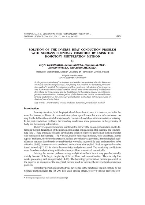 Pdf Solution Of The Inverse Heat Conduction Problem With Neumann