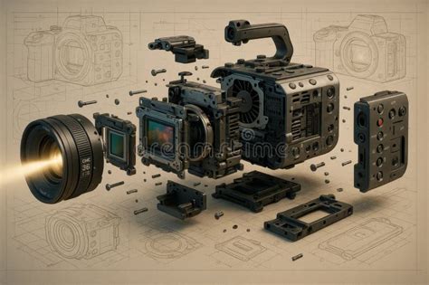 An Exploded View Of A Professional Digital Cinema Camera Showing Internal Components And