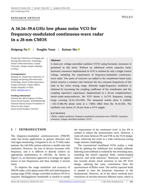 A 34 16 39 6 Ghz Low Phase Noise Vco For Frequency‐modulated Continuous‐wave Radar In A 28‐nm