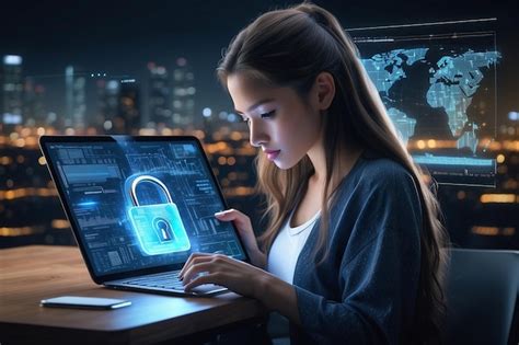 Lock Hologram Tablet And Woman With Data Analysis Safety Software Overlay And Cyber Security