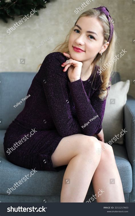 Beautiful Blonde Girl Tight Dress Sits Stock Photo Shutterstock