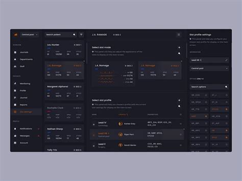 用于患者监视系统设置的插槽设置面板患者界面ux dashboad clean admin ui admin面板橙色蓝色黑色黑暗主题医疗保健健康