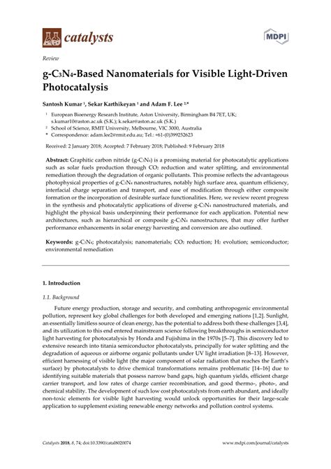 Pdf G C3n4 Based Nanomaterials For Visible Light Driven Photocatalysis