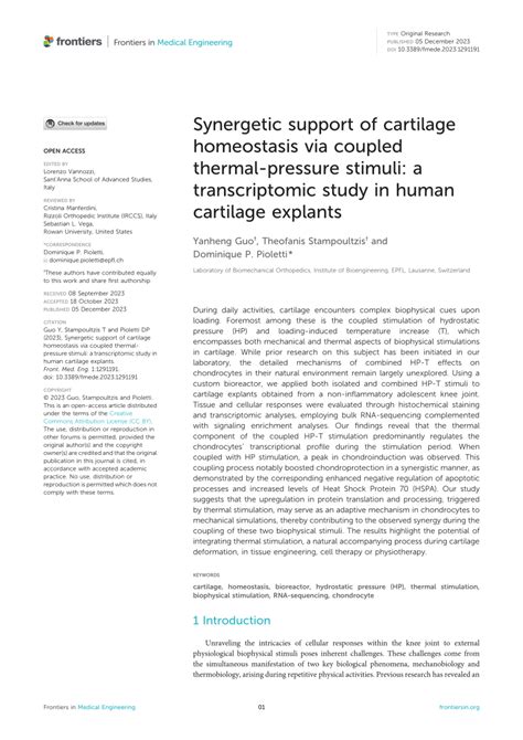 Pdf Synergetic Support Of Cartilage Homeostasis Via Coupled Thermal Pressure Stimuli A
