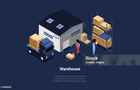 창고 물류 관리의 개념 적재 트럭 프로세스 팔레트 잭을 사용하여 골판지 상자를 언로드하는 작업자 화물을 화물차에 적재 및 하역 아이소메트릭 3d 카툰 벡터 일러스트 레이 션