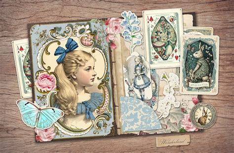 Alice In Wonderland Junk Journal Kit Printable  Pages With Ephemera